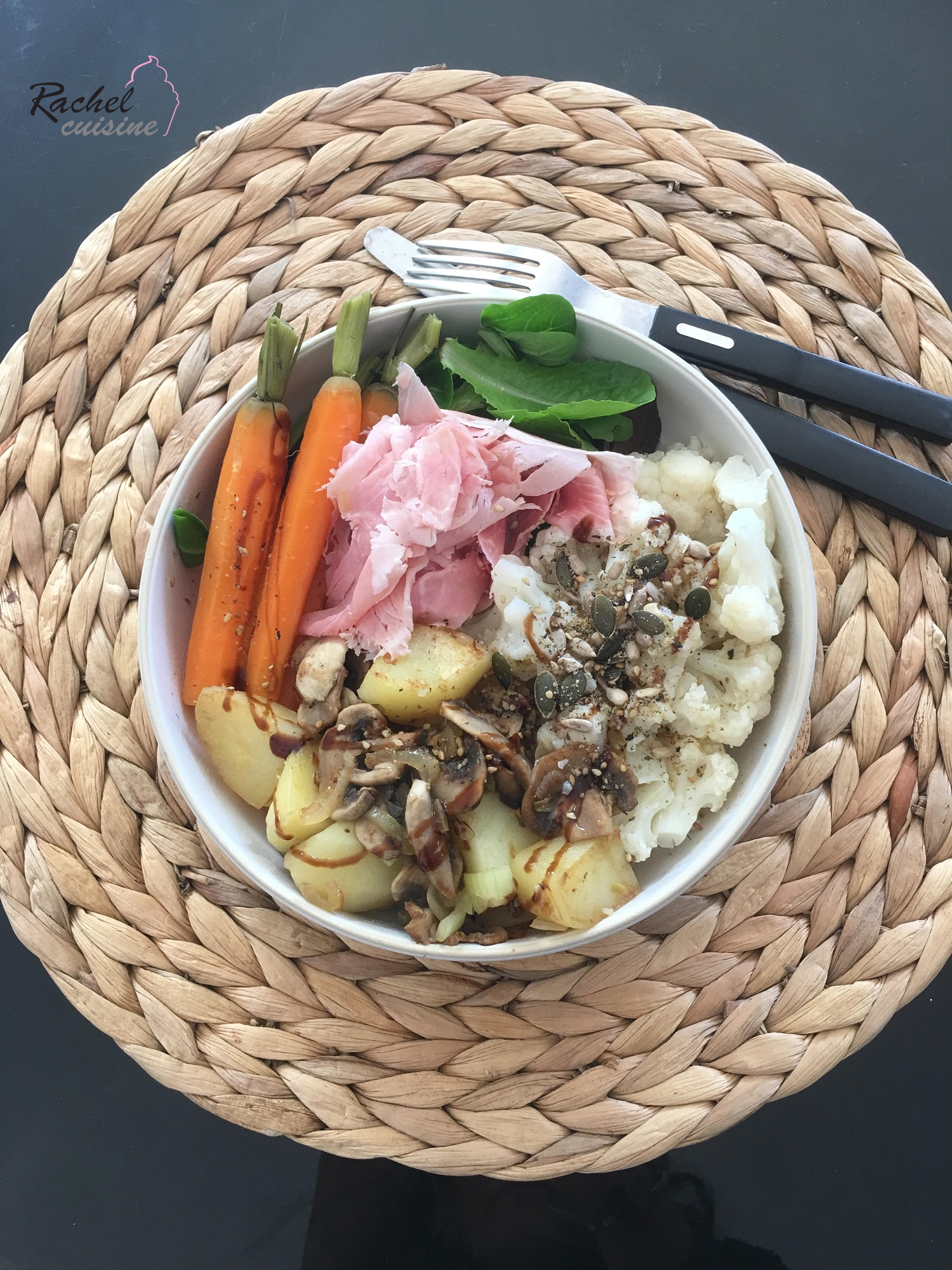 Assiette complète : Pomme de terre, légumes à la vapeur douce et jambon ...